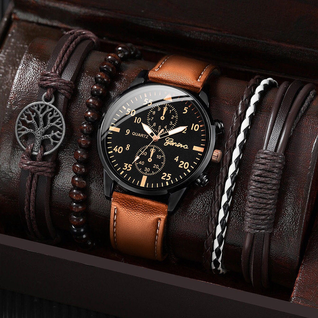 5PCS Geneva Men's Watches Set Casual Leather Band Quartz Watch with ...