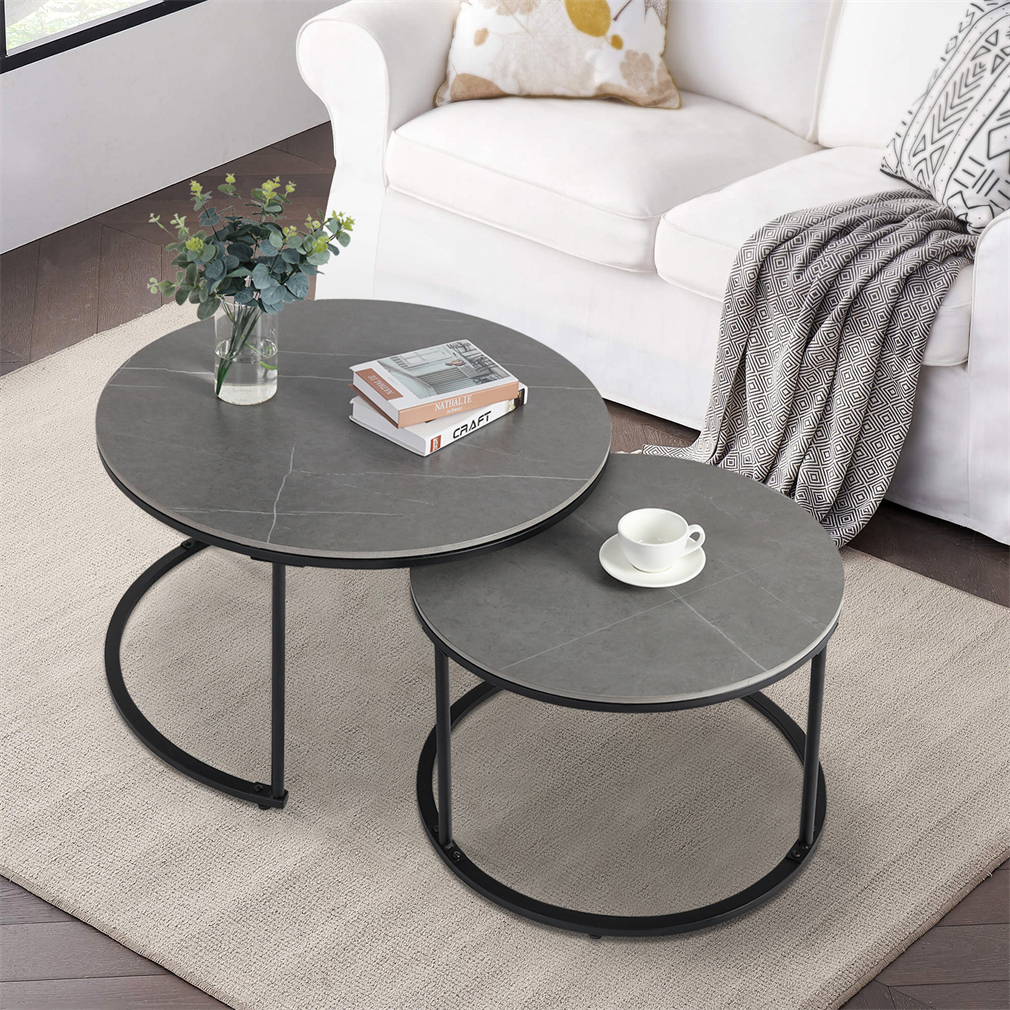 Set of 2 Nesting Coffee Tables Sintered Stone Table Top Black Painted ...