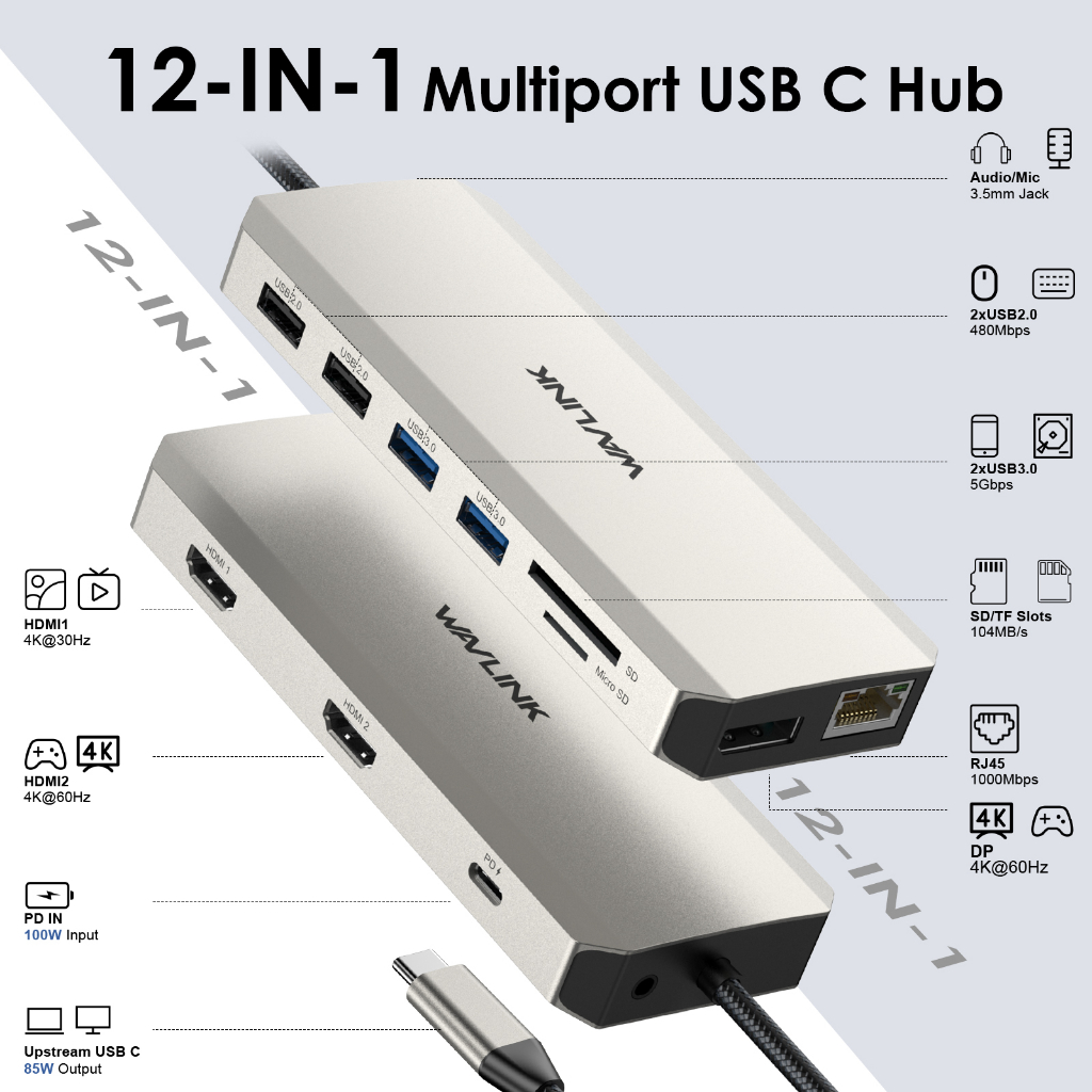 WAVLINK USB HUB Docking Station For Laptop USB-C to 4K HDMI Adapter PD ...