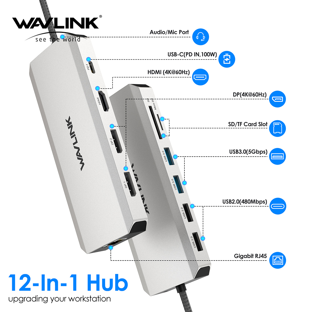 WAVLINK USB HUB Docking Station For Laptop USB-C to 4K HDMI Adapter PD ...