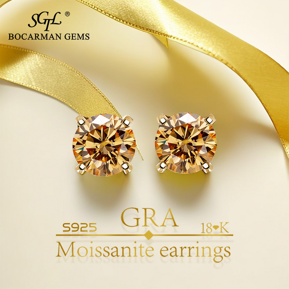 Real GRA Moissanite Ear stud 0.5ct 1ct 2ct 3ct S925 Silver golden champagne four-prong earrings ...