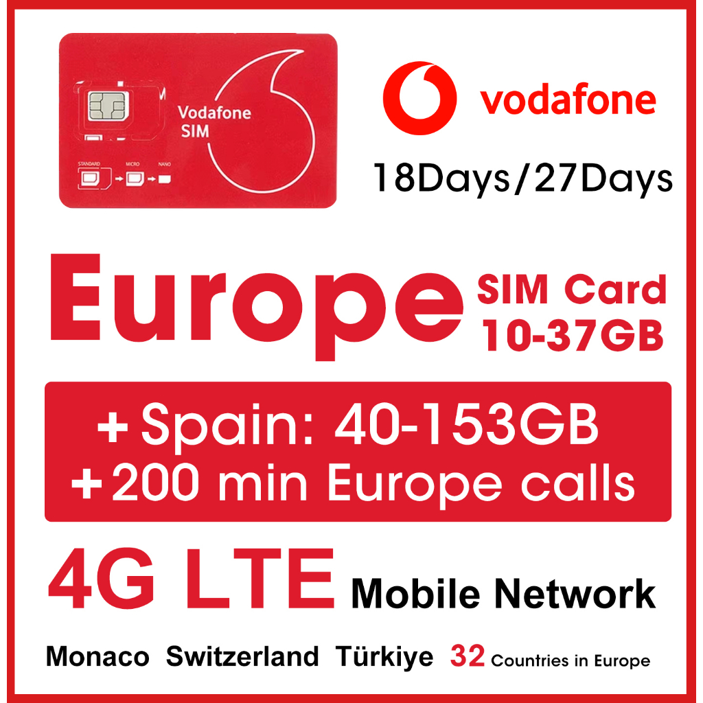 Vodafone/Orange Europe SIM Card 14/18/27/28 GB Data+200 min calls in 32 ...