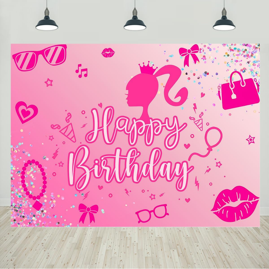 Pink Barbie Happy Birthday Photography Backdrop For Girls Princess Lady