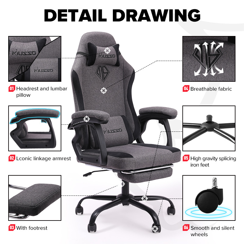 MUSSO Aeolus Series 109B Fabric Gaming Chair with Steel Leg Lumbar and ...