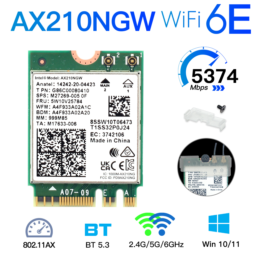 WiFi 6E Intel AX210NGW Dual Band 2.4G/5G/6Ghz 802.11AX 5374Mbps AX210 Bluetooth 5.2 Wireless M.2 ...
