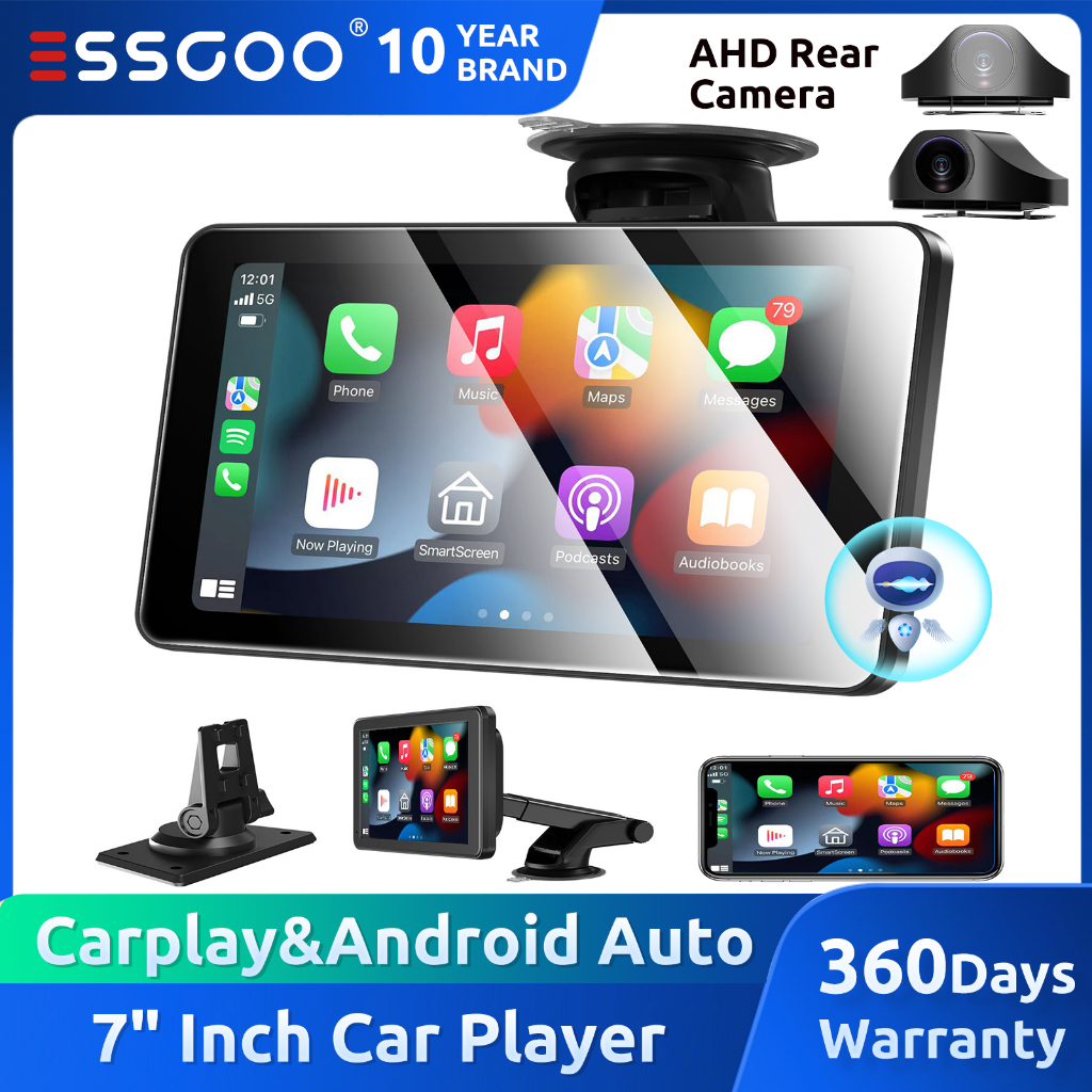 ESSGOO Portable Wireless Carplay 7 Inch Android Car Stereo FHD IPS 2.5D ...