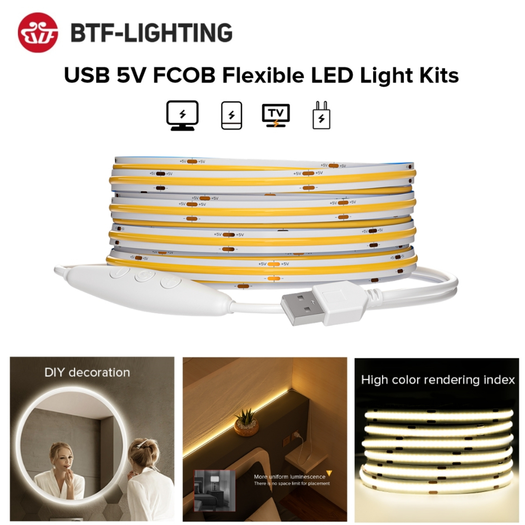 BTF-LIGHTING DC5V USB FCOB LED Strip Light Width 8mm Length 1m/2m ...