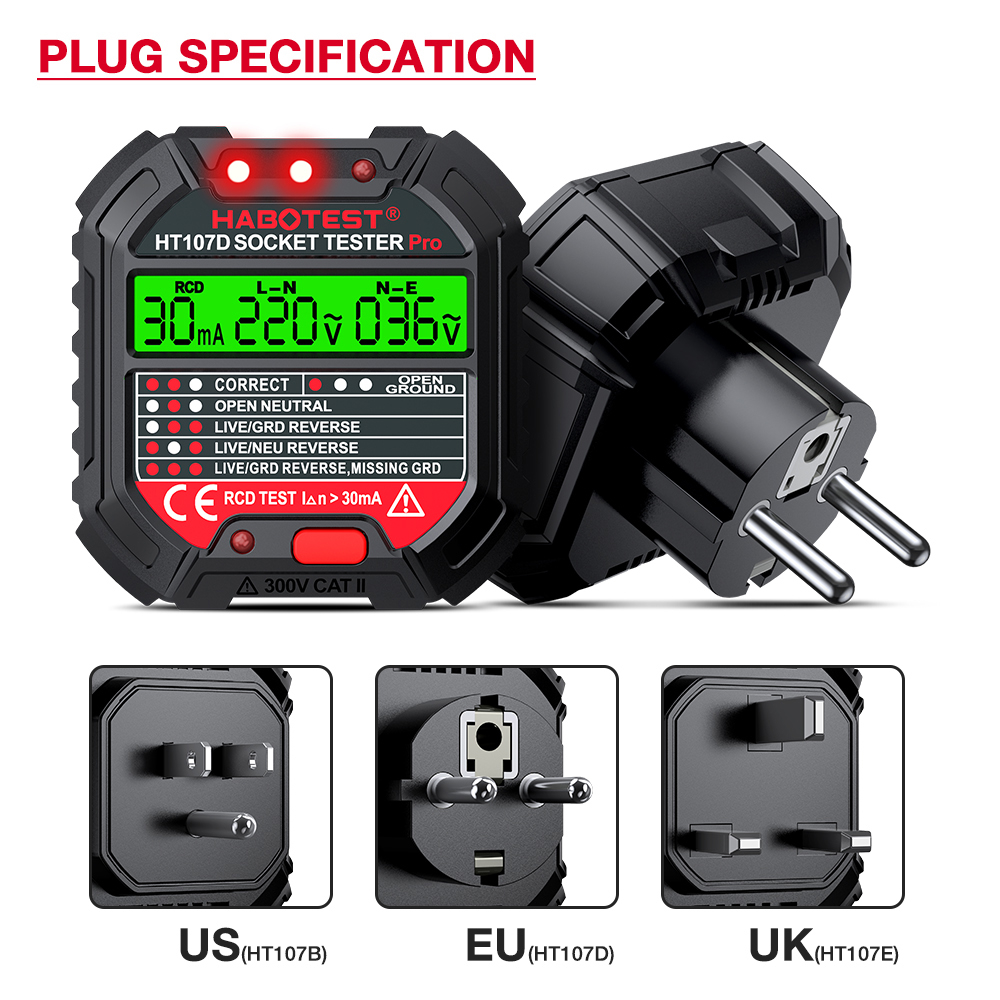 HABOTEST HT107 GFCI Socket Tester 48V-250V Earthing Tester Electric ...