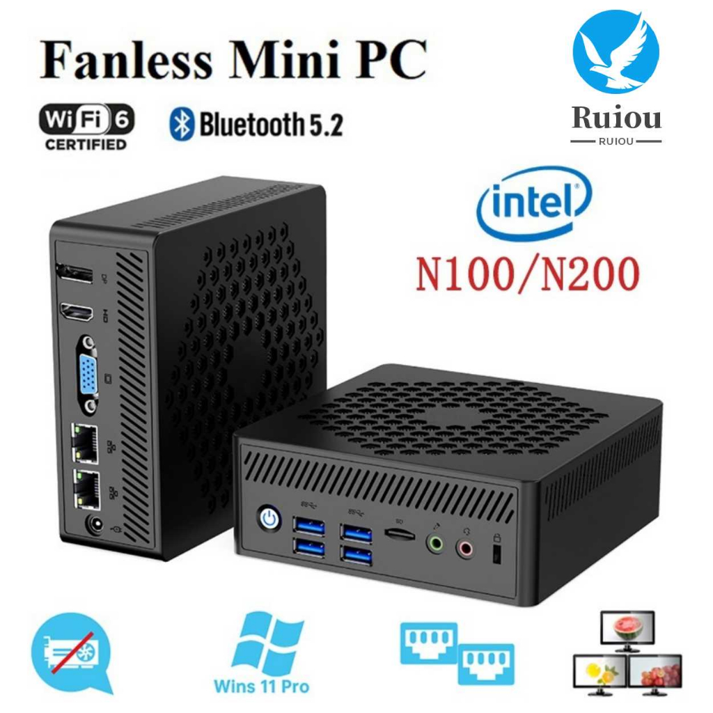 AC8-N Fanless Mini PC Intel N200 Intel Alder Lake N100 Mini PC Computer Windows 11 Pro DDR4 16GB ...