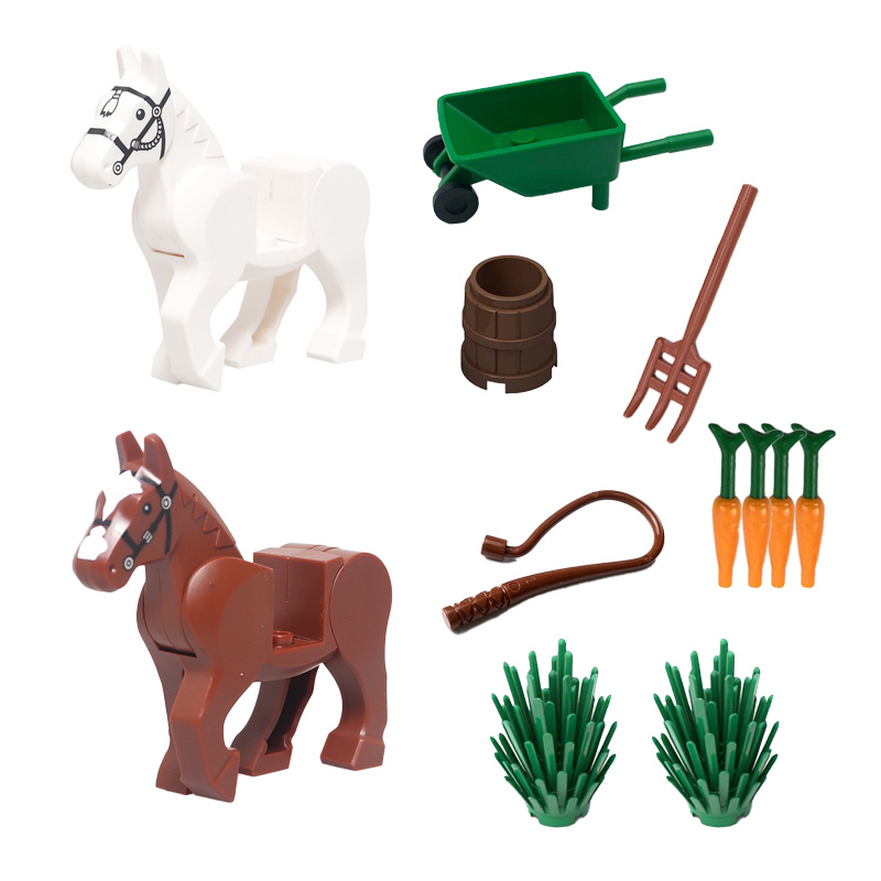Animal MOC Horse Set Building Block Carrot Cart Grass Accessories DIY ...