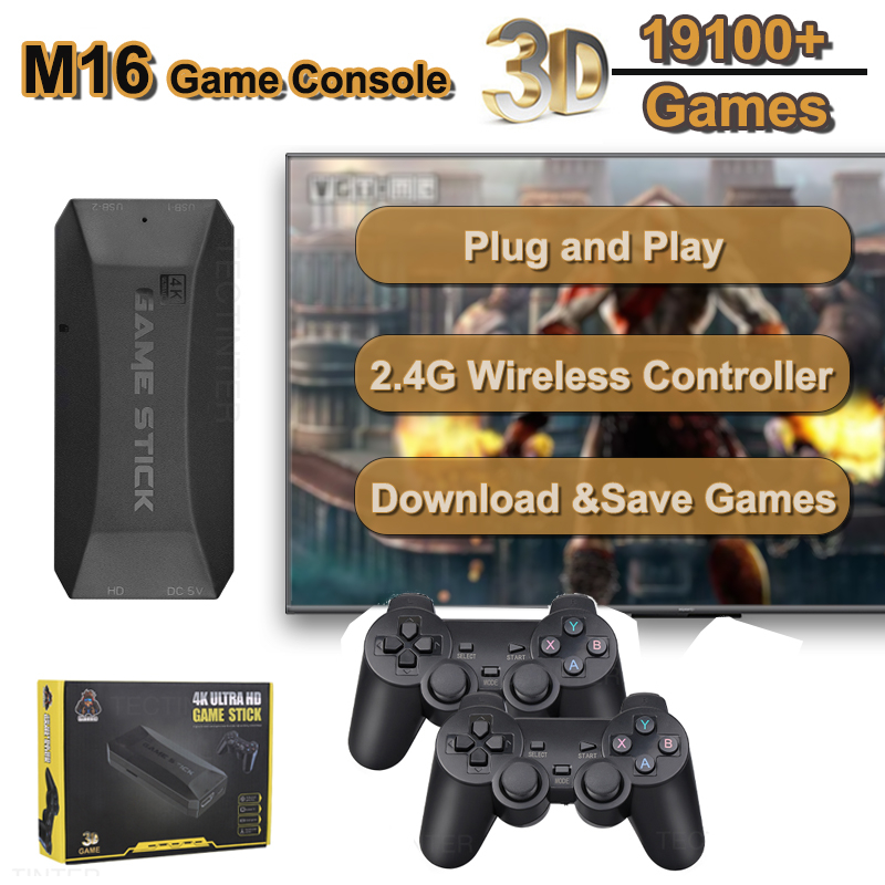 3D Video Game Console M16 4K HD TV Game Stick Built-in 19100 Games ...