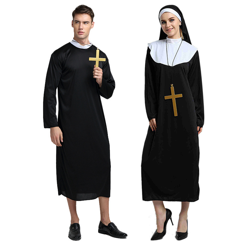 Adult Women Men Traditional The Priest Nuns Costumes Black Robe ...