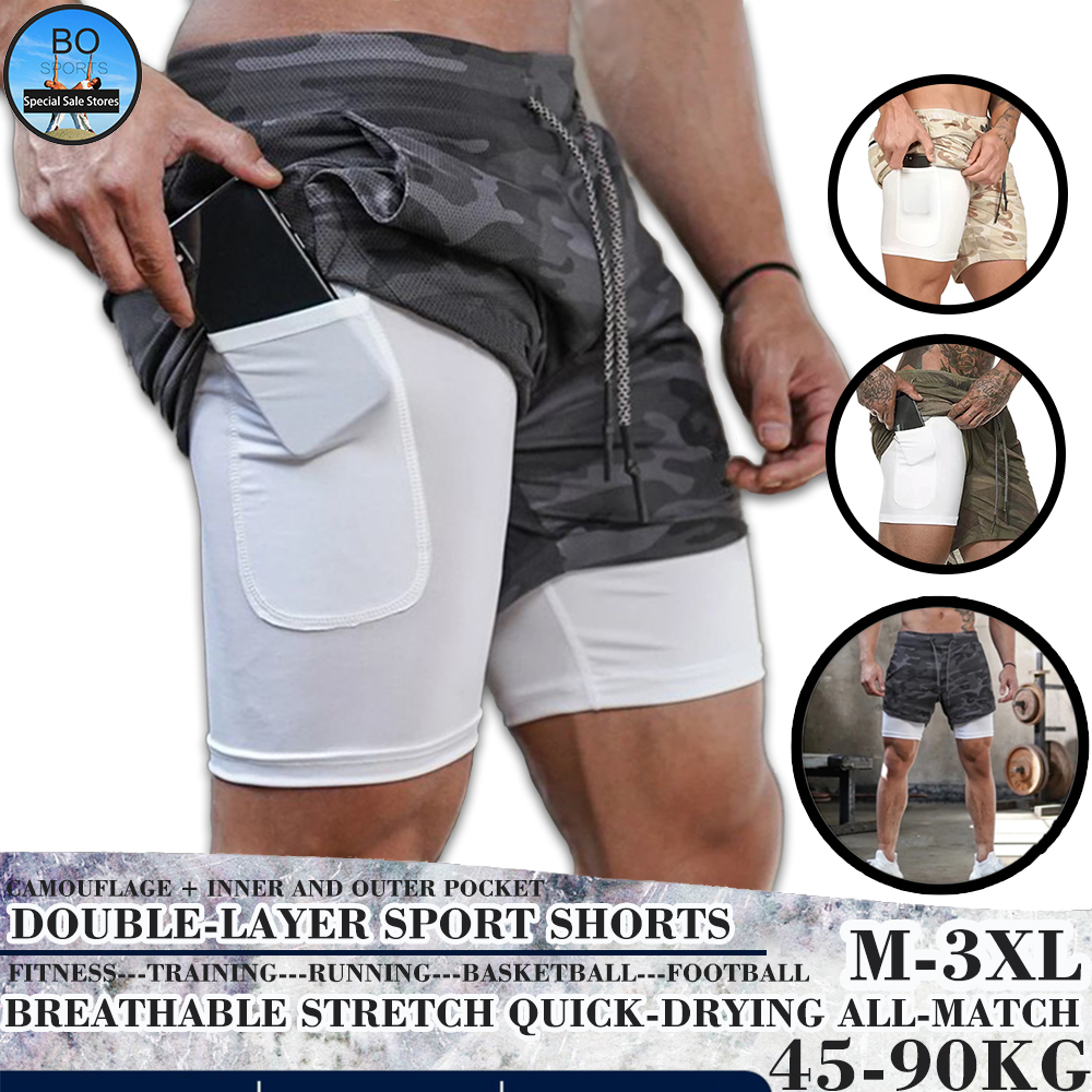 BOSPORT 2 in1 Summer Men Gym Double Layer Shorts Sport Fitness Running ...