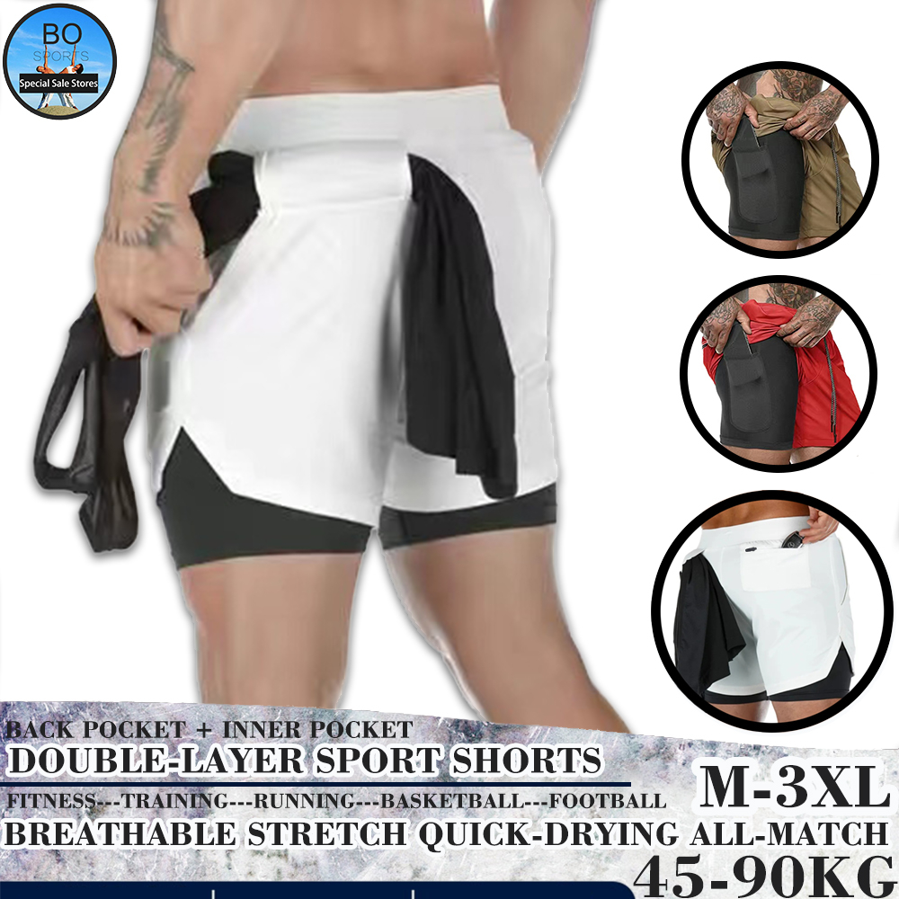 BOSPORT 2 in1 Summer Men Gym Double Layer Shorts Sport Fitness Running ...