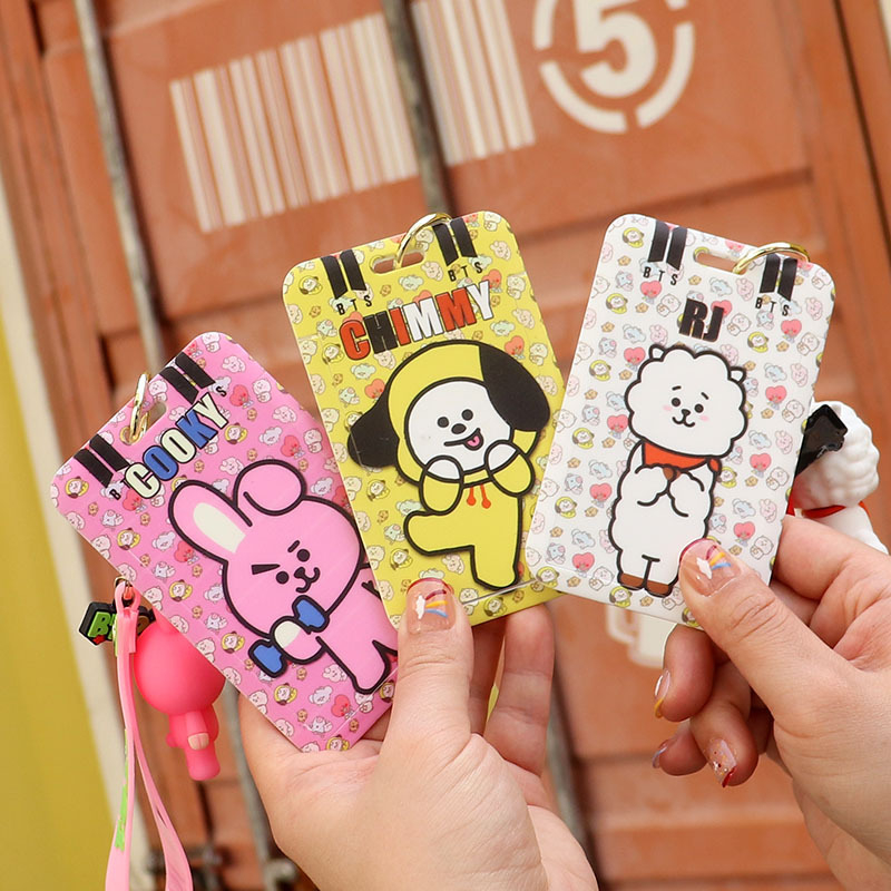 KPOP BT21 Card Protector With 3D Keychain Cute Cartoon ID Cards Holder ...