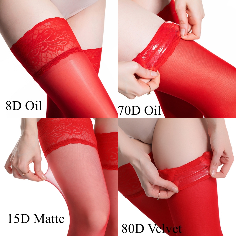8D 15D 80D Elastic Nylon Stockings Women Sexy Lace Top Silicone Hold Up Thigh High Stockings Hot ...