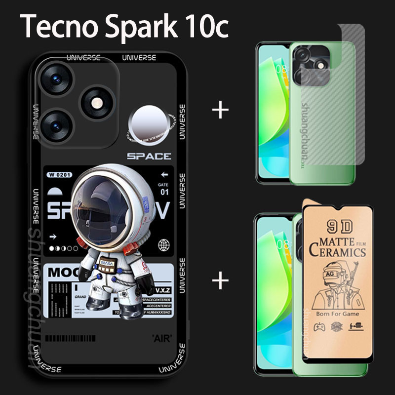 3in1 For Tecno Spark 10c phone case Ceramic film +Back film Cover +Trendy Brand Cartoon ...