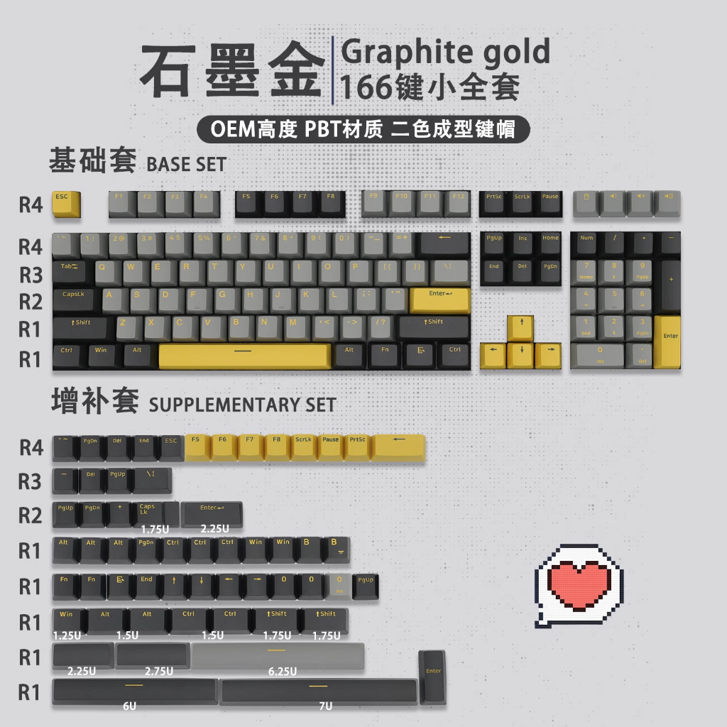 GMK Graphite gold Keycaps 166 Key PBT Double Shot OEM Profile Keycaps ...