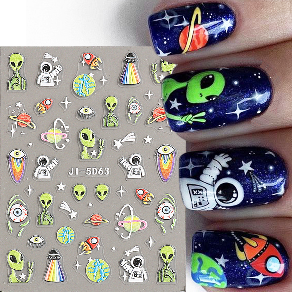 Alien Nail Stickers 5D Planets Space Nail Decals Cute Cartoon Skull ...
