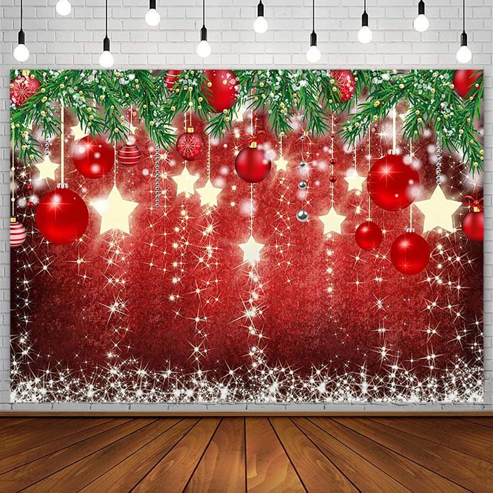 7x5ft Red Christmas Photography Backdrop Winter Sparkling Stars Bell ...