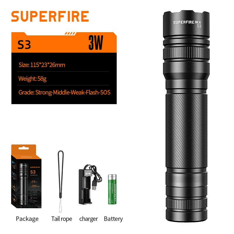 SUPERFIRE S33-A Mini Super Flashlight LED Bright Camping Light Waterproof Built-in Battery ...