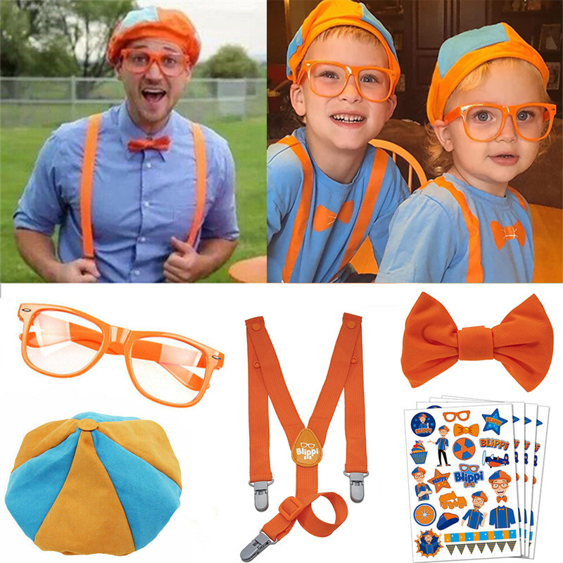 New Blippi Glasses Hat Costume Dress Up Set Bowtie Suspenders Cosplay ...