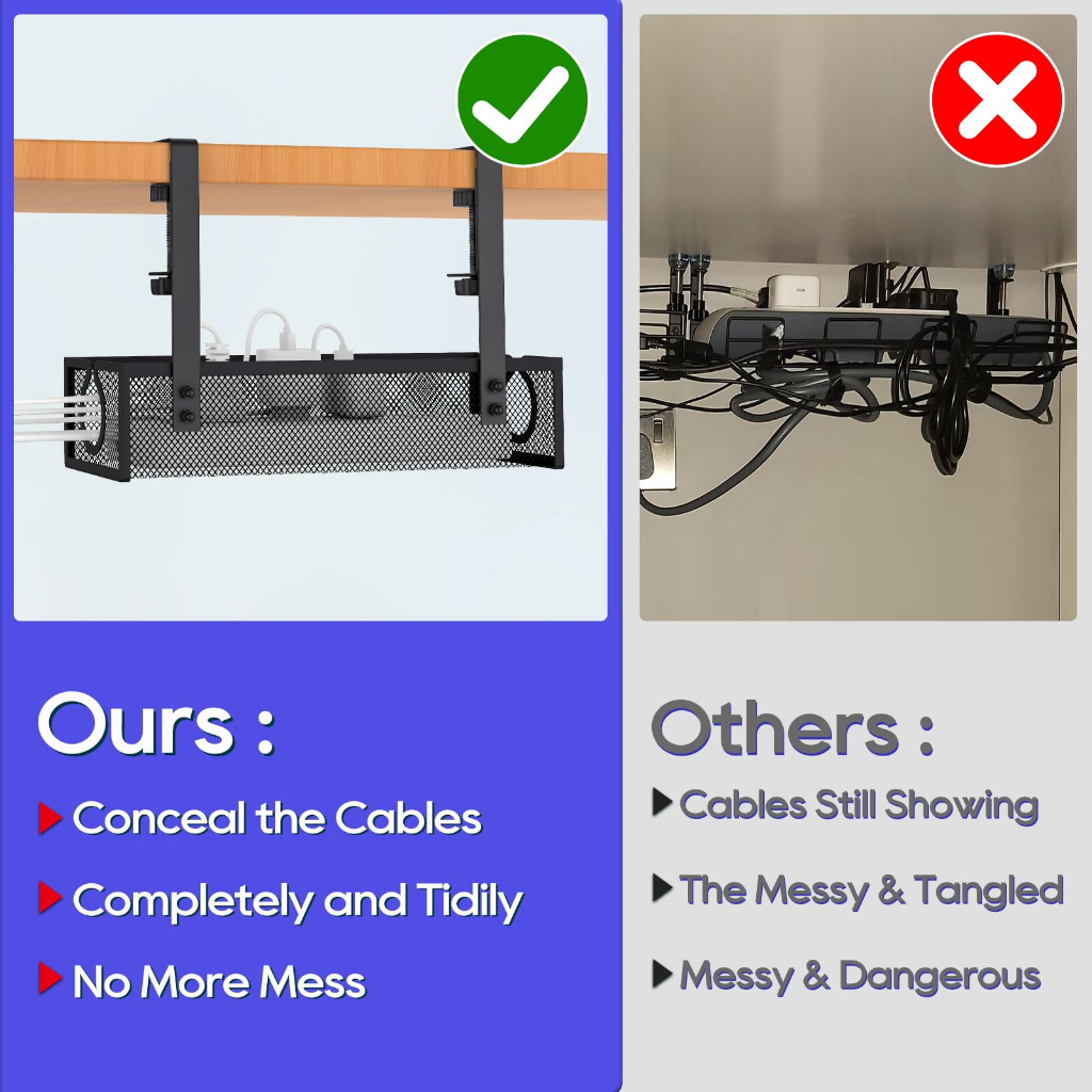 Under Desk Cable Management Tray, No-Drill Mesh Table Cable Basket for Managing Cables and Power ...