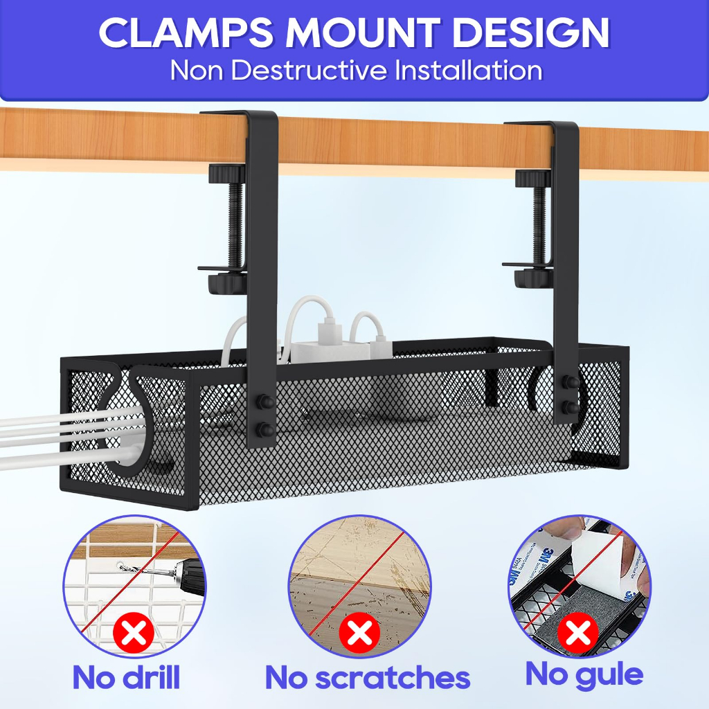 Under Desk Cable Management Tray, No-Drill Mesh Table Cable Basket for Managing Cables and Power ...