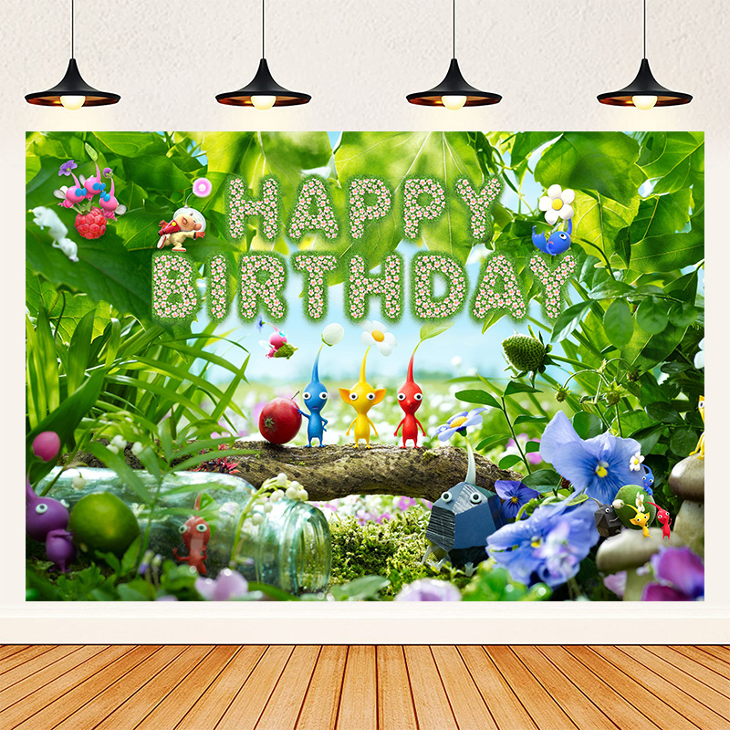 5x3ft PIKMIN Birthday Photography Backdrop Green PIKMIN Happy Birthday ...