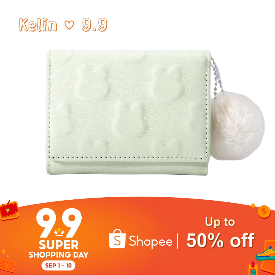 Bunny Print Pu Short Trifold Wallet Fluffy Ball Pendant Ladies Small ...