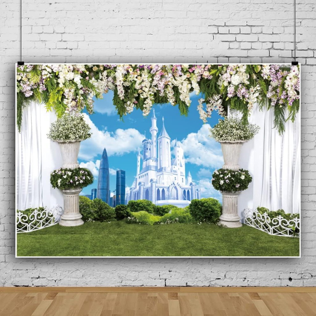 7x5ft Wedding Ceremony Backdrop Lawn Stone Pillar Plant Flowers Castle ...