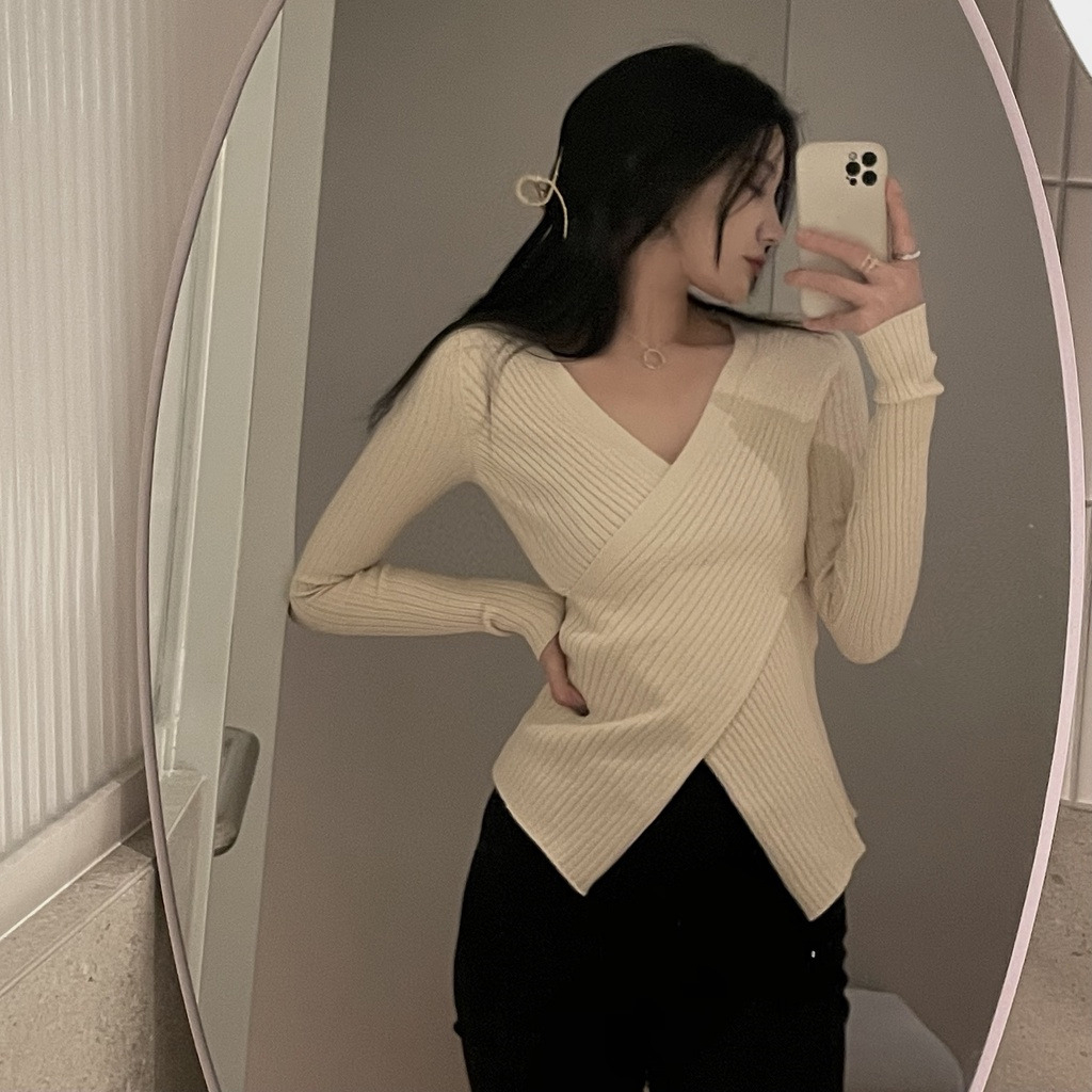 Design sense cross V-neck pink knit base shirt slim long sleeve autumn ...