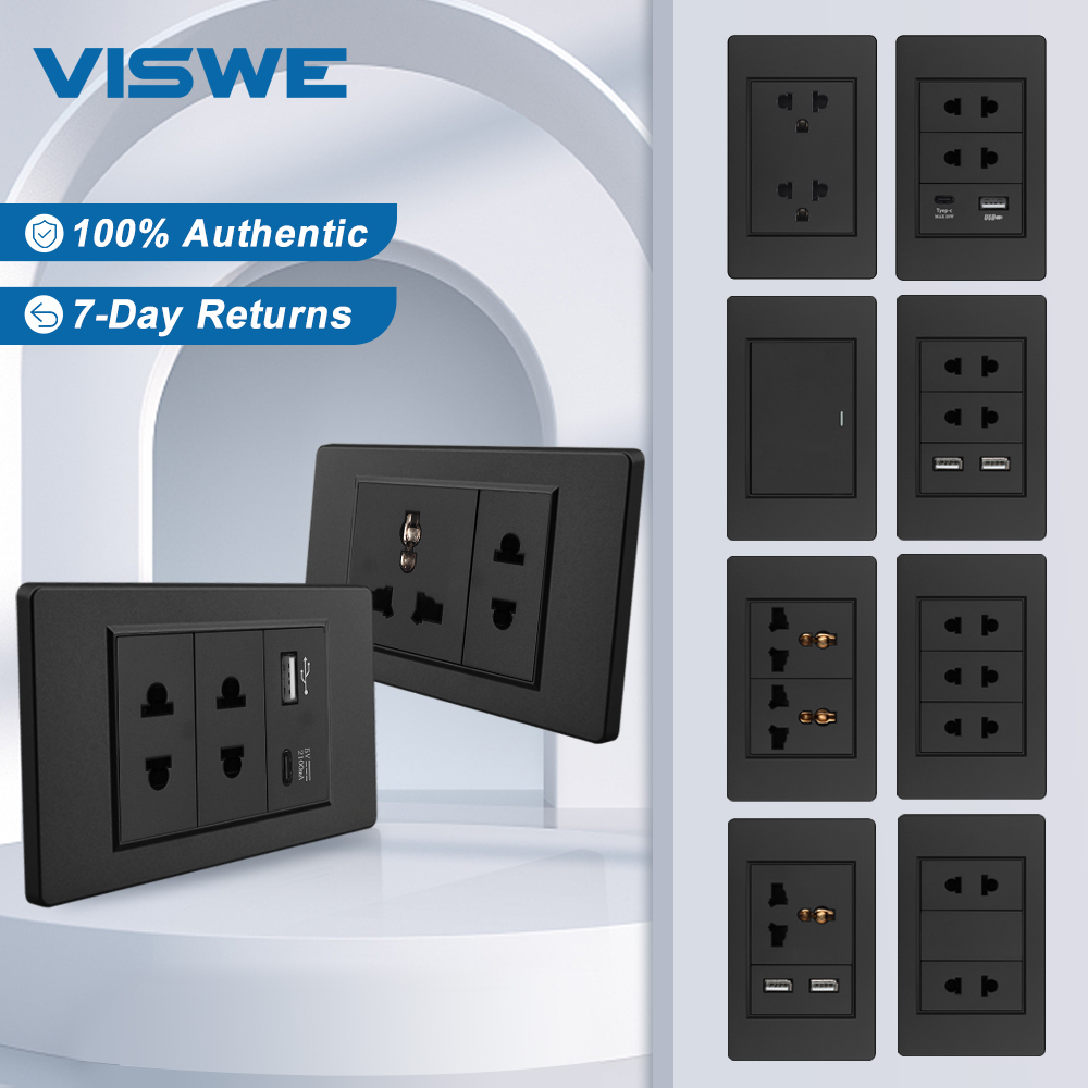 VISWE Black Power Outlet & Switch - Flame Retardant PC, 110-250V, Thick ...