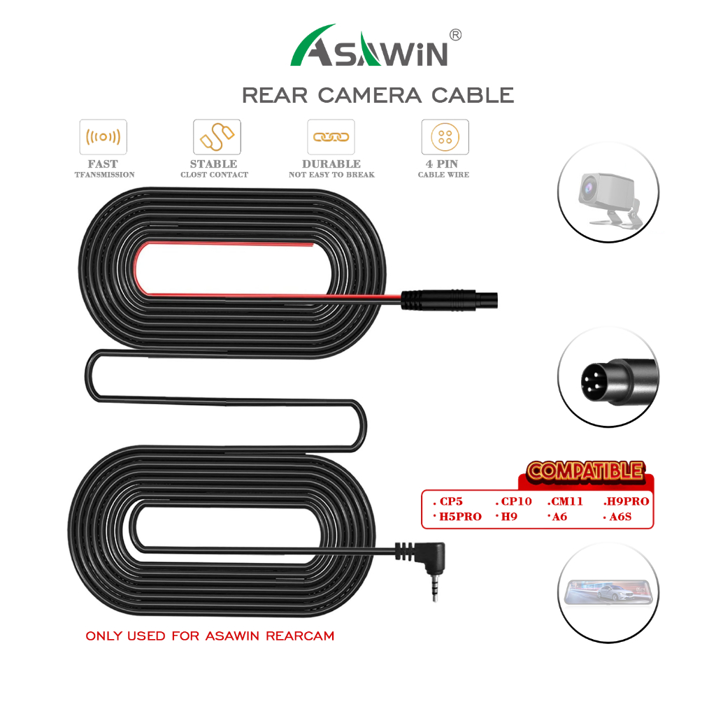 Asawin Rear Camera Cable For Dash Cam 10 And 15 meter wire(4P AHD) For ...