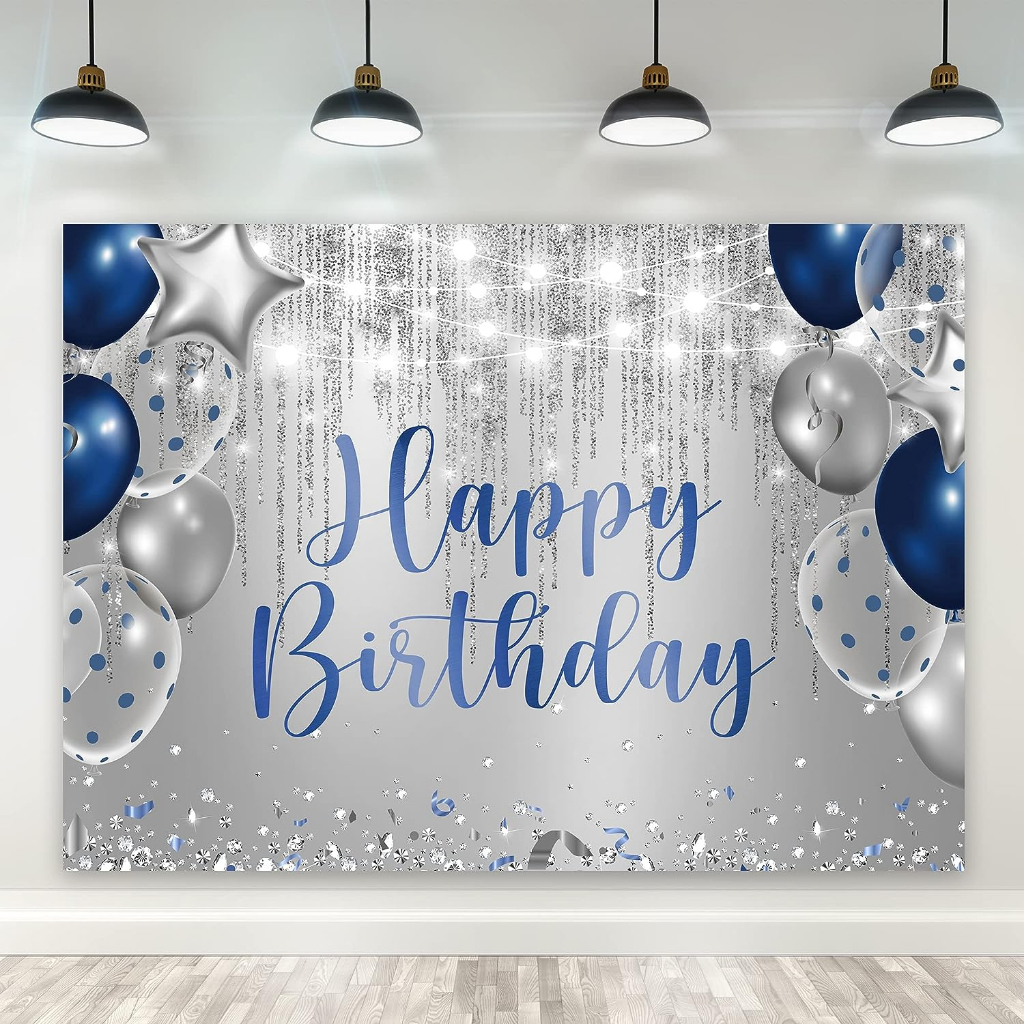 5x3ft Royal Navy Blue Silver Happy Birthday Backdrop Party Decorations ...