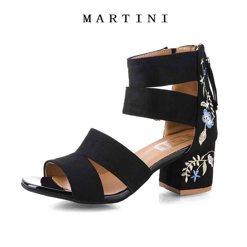 Martini Retro Ethnic Style Embroidery Open Toe Black Sandals for Women ...