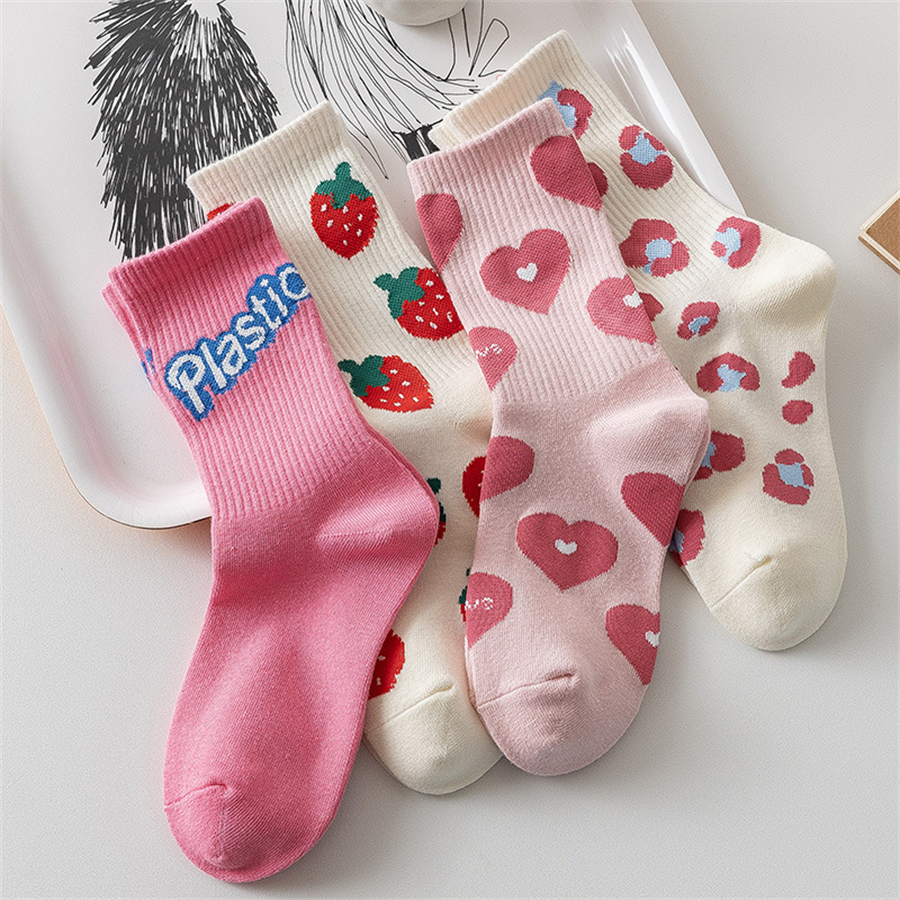 Kafu D464 Ladies Pink Letter Love Strawberry Socks Fashionable All ...