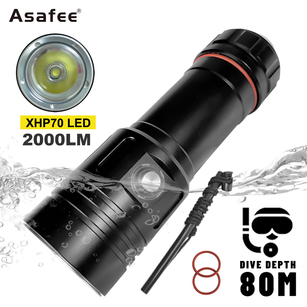 Asafee AF05D XHP50/70 led White Light Diving Flashlight 2000LM IP68 ...