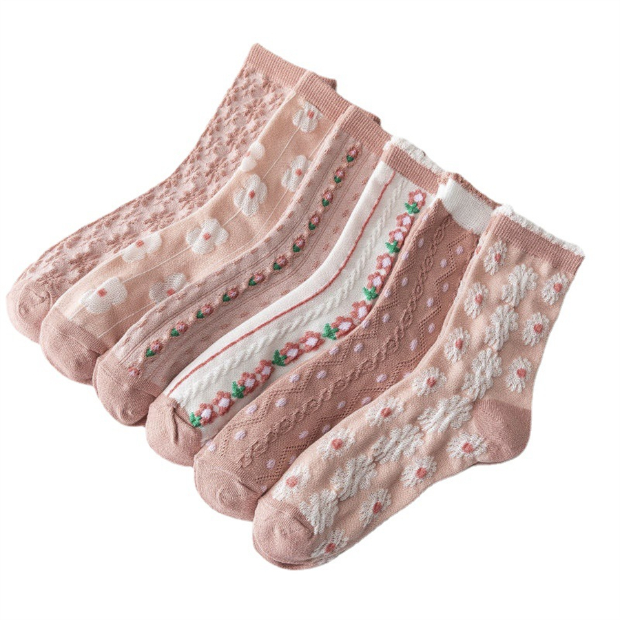 Random 1 Pair Female Cute Pink Socks Middle Tube Socks Embossed Flowers ...