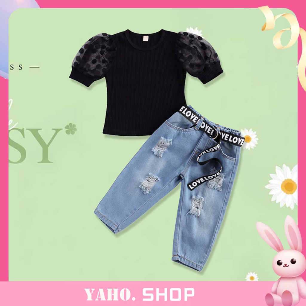 ZXT-Jeans Set For Kids Girl 2-7Years Old Summer Lace Puff Sleeve Shirt ...