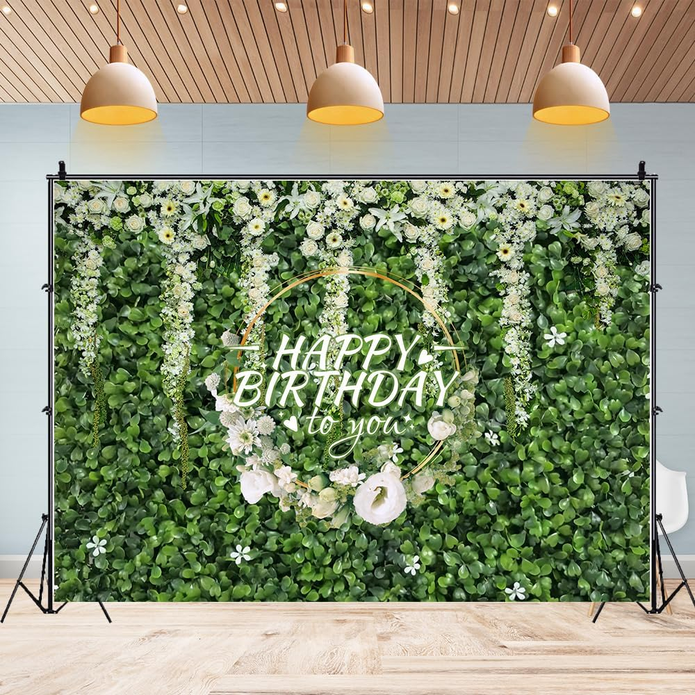 5x3ft Happy Birthday Backdrops Nature Greenery White Floral Wall ...