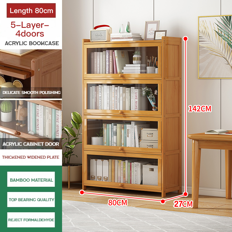 Wooden Bookcase with Door 2/3/4/5/6 layer Display cabinet Bamboo ...