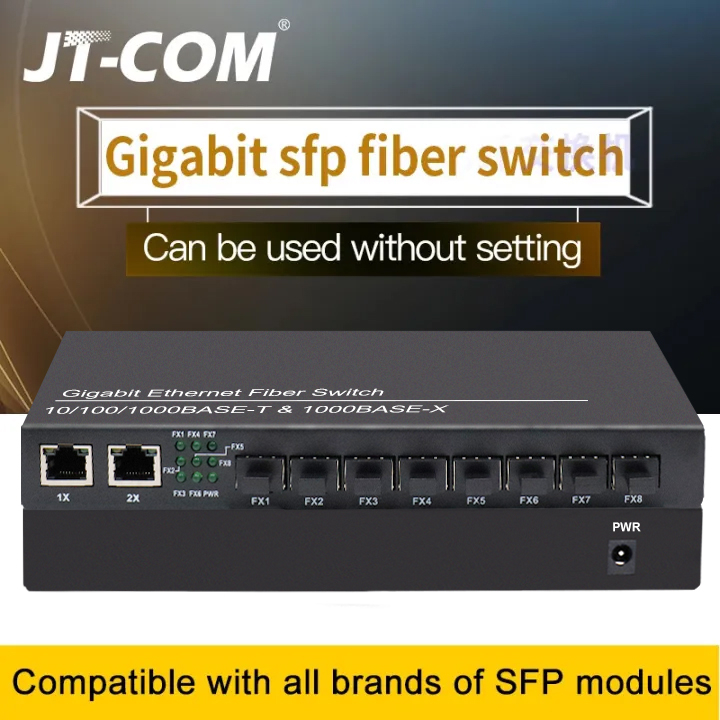 JT-COM Gigabit Fiber Optical Switch 1000Mbp 8-Port SFP Fiber Port and 2 ...