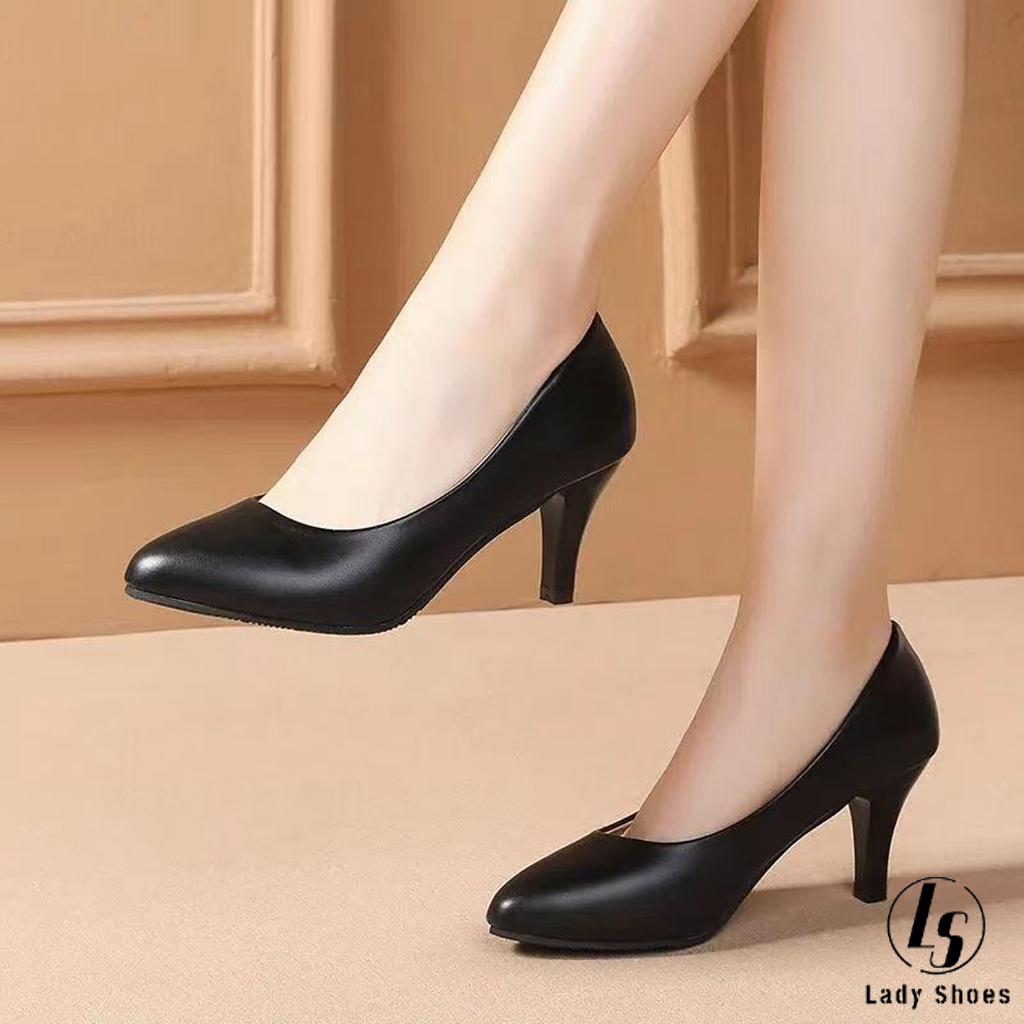 [LS] Korean Women Pointed Toe Black Office Work Stiletto Heel Shoes ...