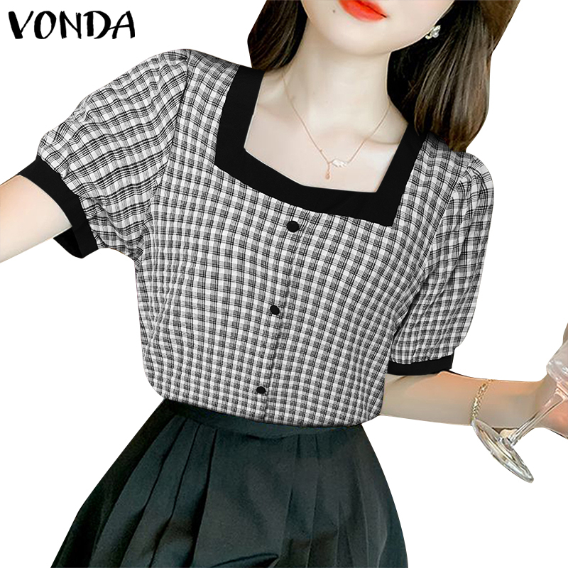 VONDA Women Korean Fashion Square Neck Short Bubble Sleeve Plaid H ... VONDA Women Korean Fashion Square Neck Short Bubble Sleeve Plaid H ...