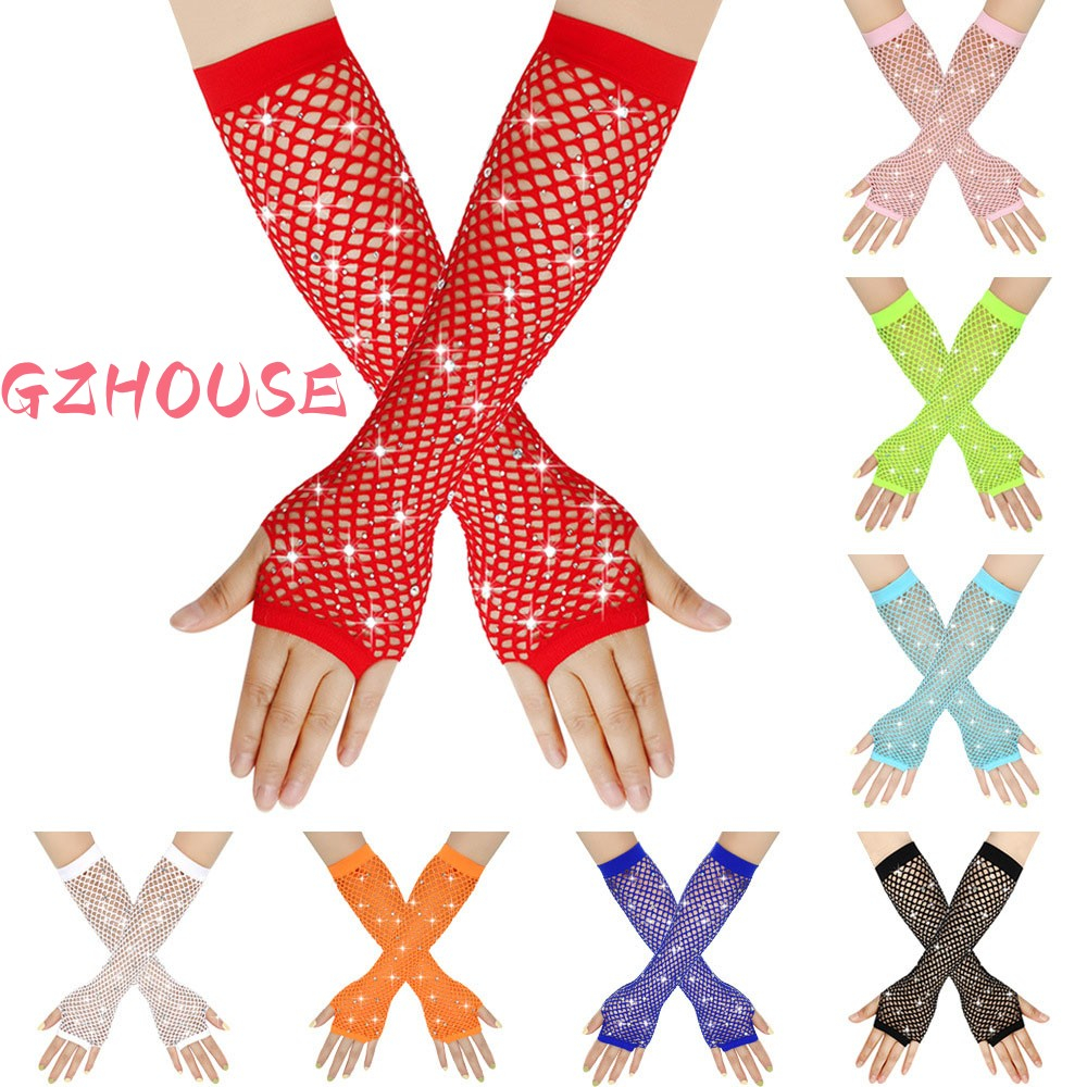 Gzhouse Long Fishnet Net Gloves Shiny Rhinestone Fingerless Arm Sleeve ...