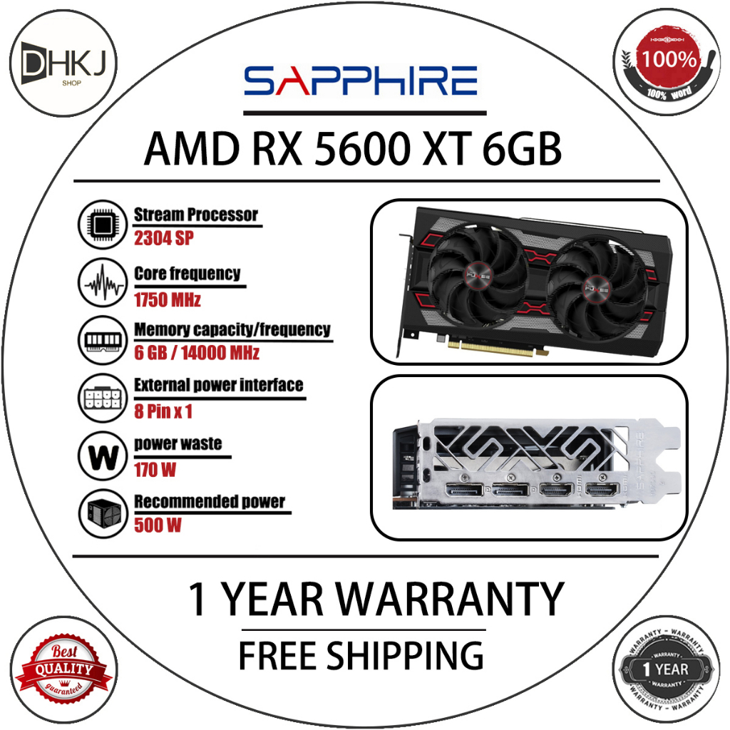 USED Sapphire RX 5600 XT 6G D6 Gaming Graphics Card 5600XT GPU 2304SP ...