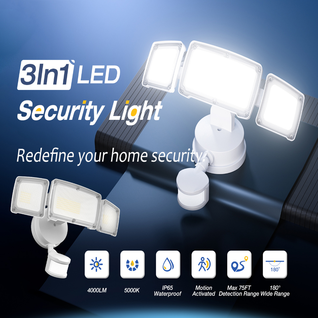 3 Head LED Security Lights with Motion Sensor, Adjustable Motion ...