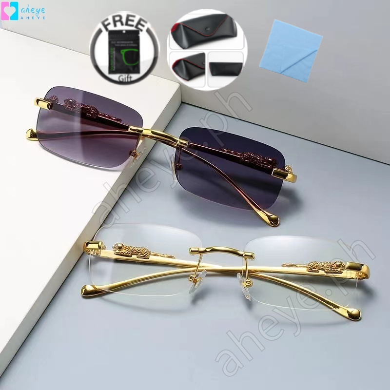 Retro Korean Rimless Sunglasses with Free Case wiper Seaside Cheetah ...