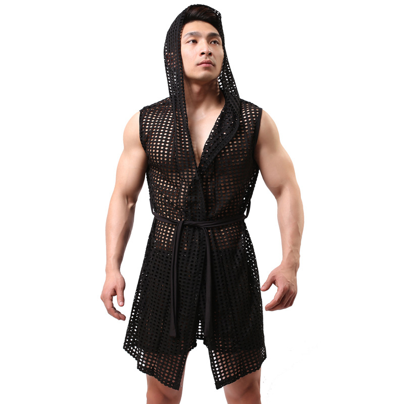 Men Mesh Robes Sexy Man Fishnet Bathrobe Long Robe Sleepwear Sleep ...